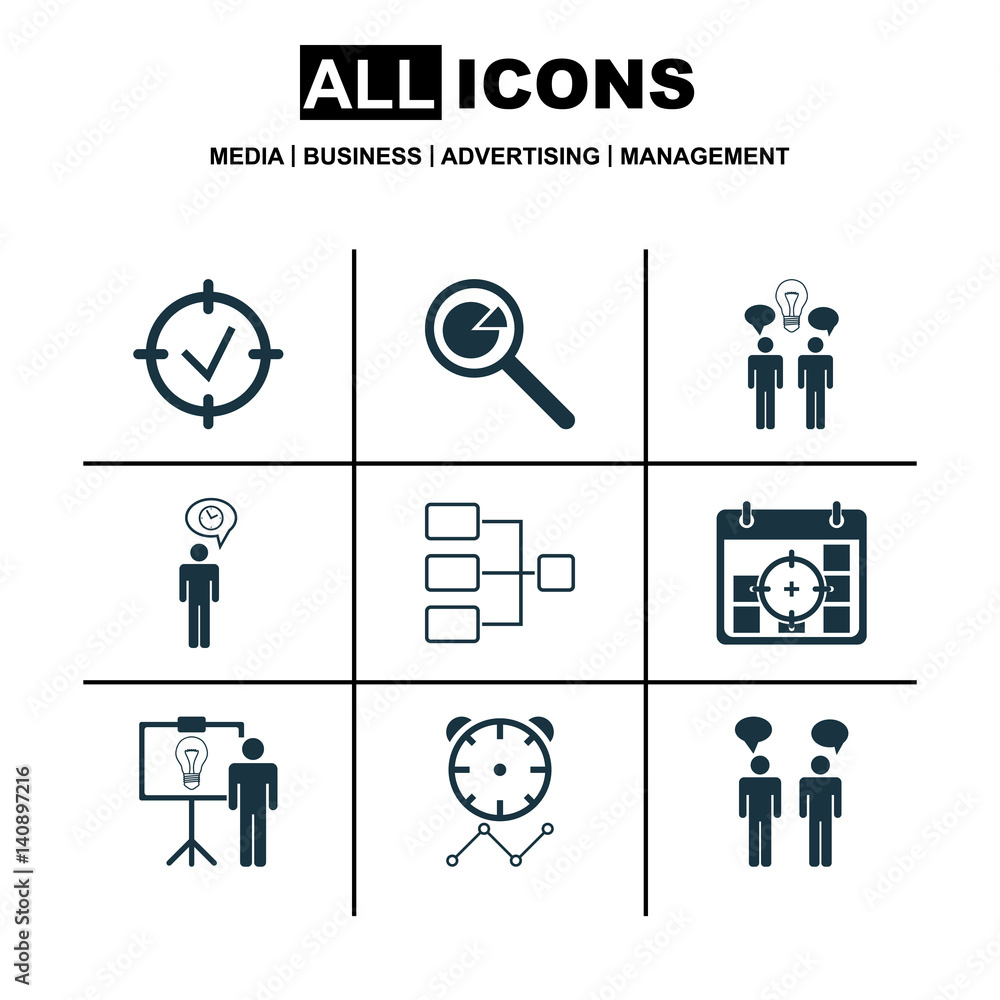Set Of 9 Executive Icons. Includes Project Analysis, System Structure ...
