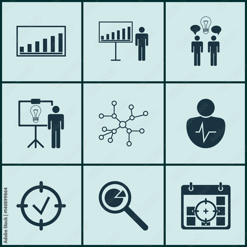 Set Of 9 Management Icons. Includes Personal Character, Approved Target ...