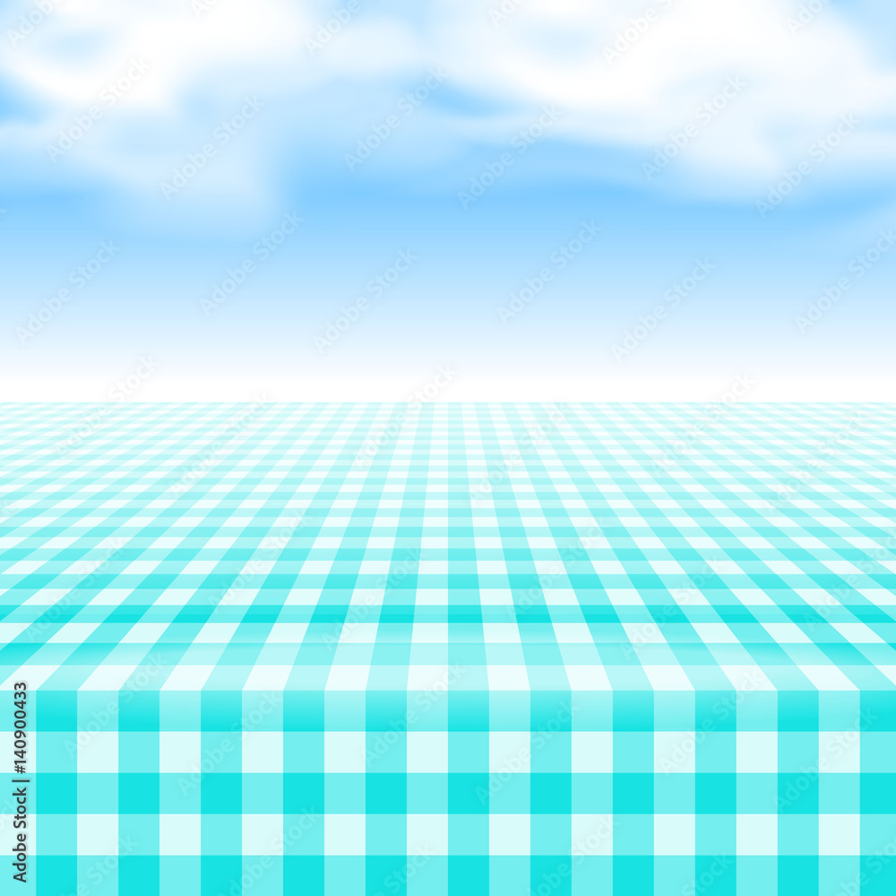 Empty picnic table, covered with checkered gingham tablecloth. Clear ...