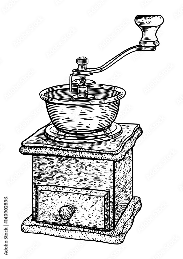 Coffee grinder illustration, drawing, engraving, ink, line art, vector ...
