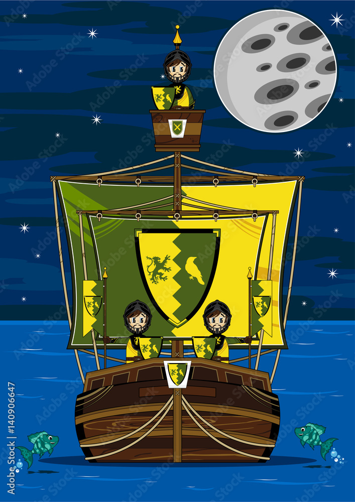 Cute Cartoon Knights on Medieval Ship Stock-Vektorgrafik | Adobe Stock
