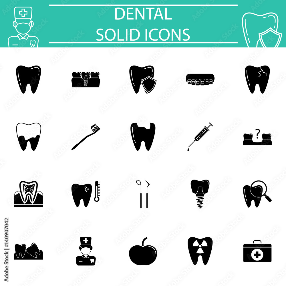 Dental solid pictograms package, stomatology symbols collection, vector ...