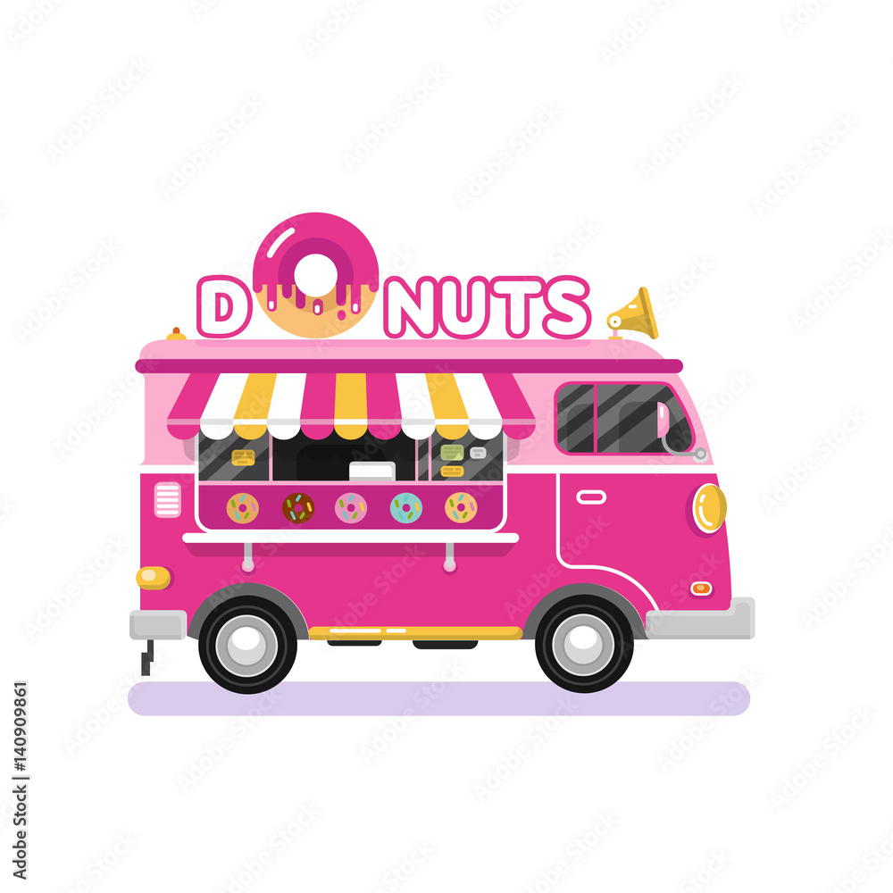 Flat design vector illustration of cartoon donuts car. Mobile retro ...