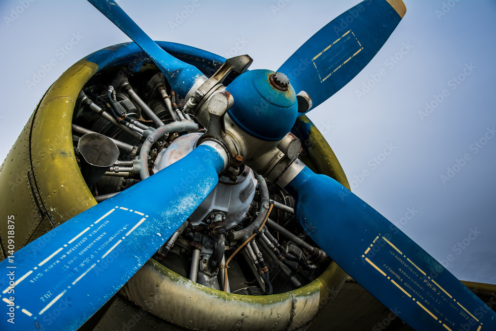 Propeller with engine on wing of old aircraft Stock Photo | Adobe Stock