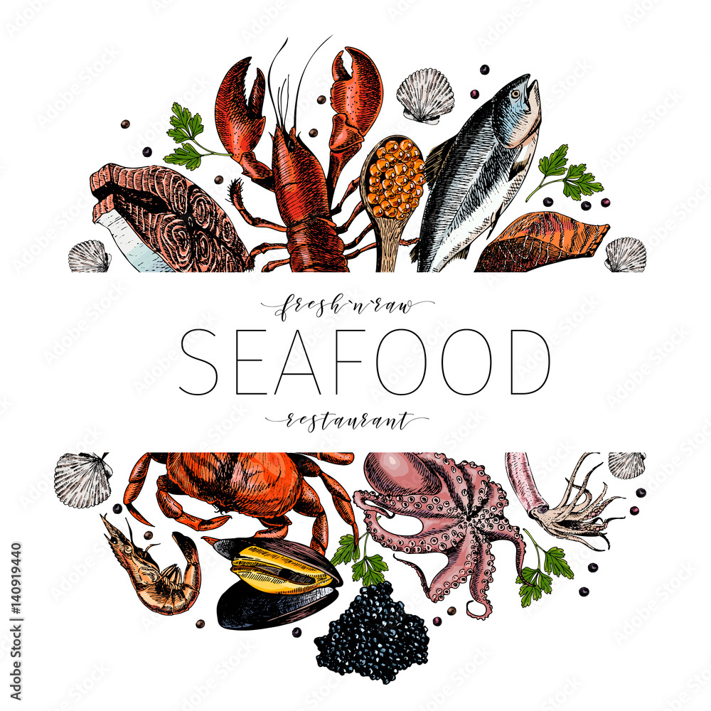 Vector hand drawn seafood banner.colored Lobster, salmon, crab, shrimp ...