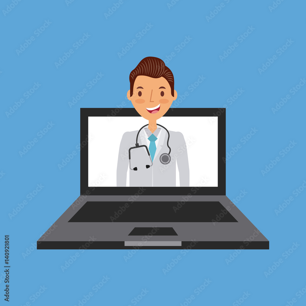 computer with medical doctor cartoon icon on screen over blue ...