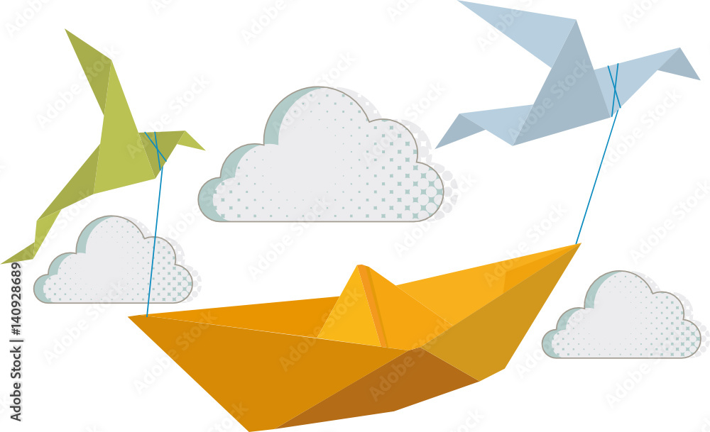 Origami scene: Paper birds lift a paper boat up Stock Vector | Adobe Stock
