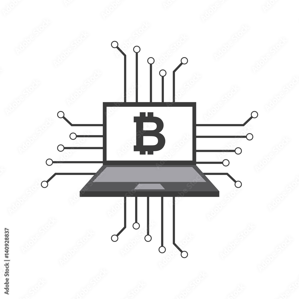 computer with bitcoin icon over white background. vector illustration ...