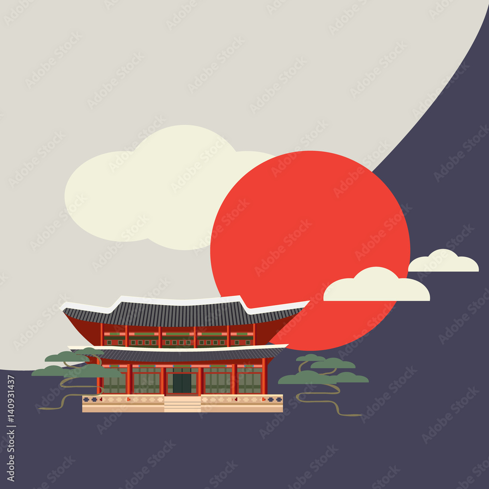 Building or Palace with east asian roof decoration. Japanese, Chinese ...