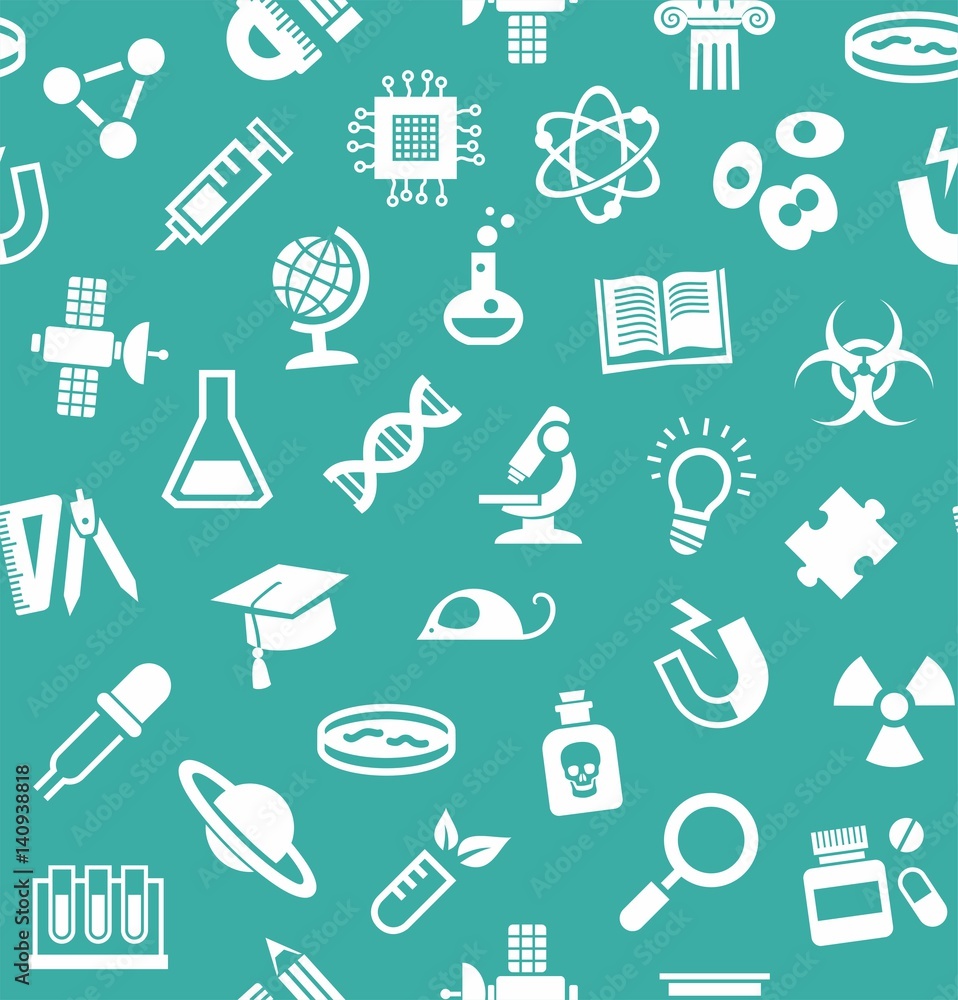 Science, background, seamless, blue-green, vector. White flat icons on ...