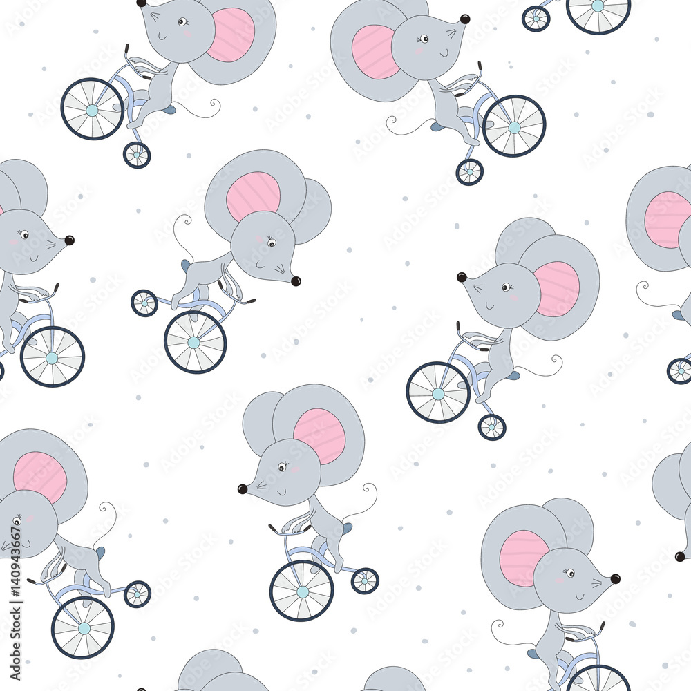 hand drawn Sample pattern with little mouse riding a bicycle Stock ...