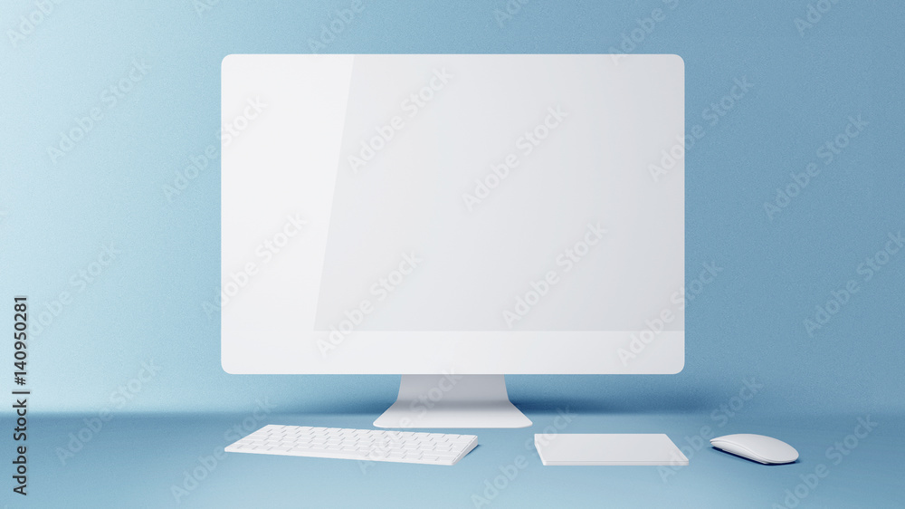 Desktop with blank white computer screen. Mock up Stock Photo | Adobe Stock