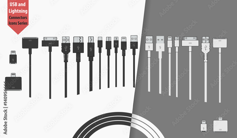 cables and adapters isolated on black and white background. vector jack ...