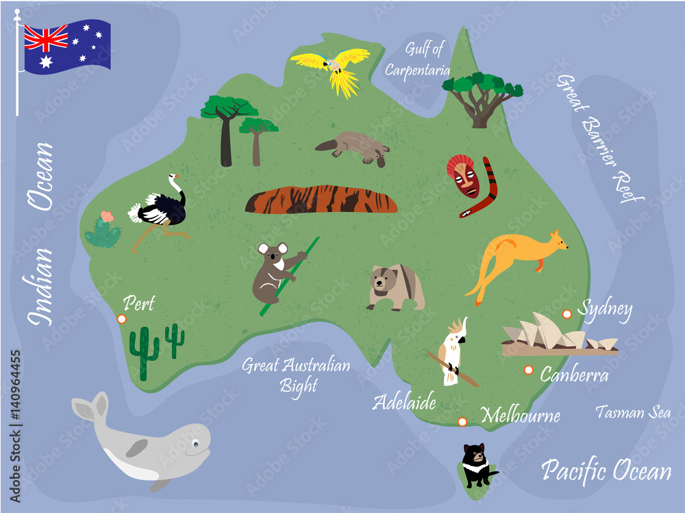 Australian map with animals and landmarks Stock Vector | Adobe Stock
