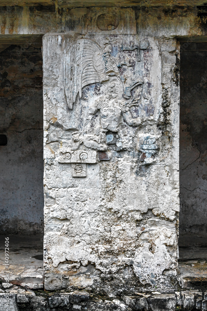The colunm with low relief on the ruins in the Palenque - Mexico, Latin ...