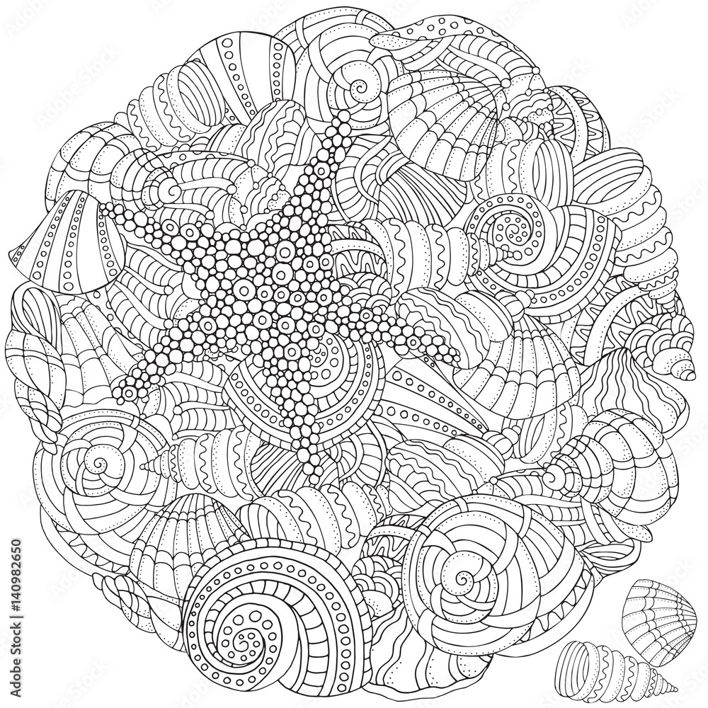 Coloring book page for adult. Sea shells collection Stock Vector ...