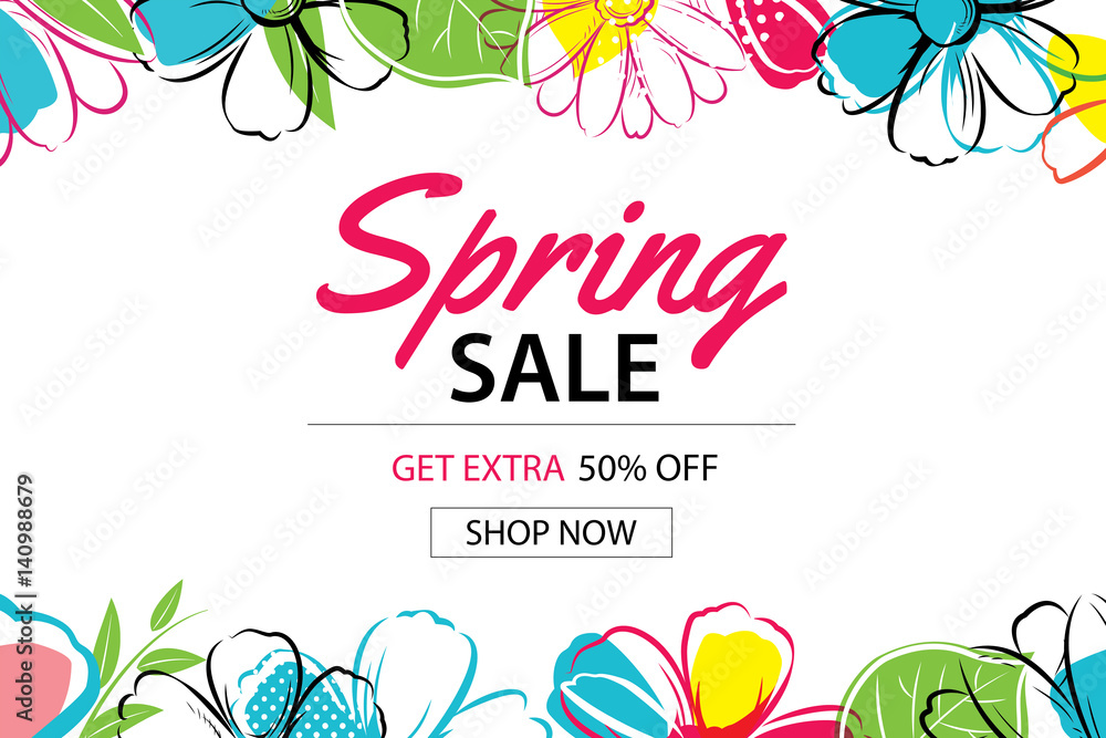 Spring sale poster template with colorful flower background.Can be use ...