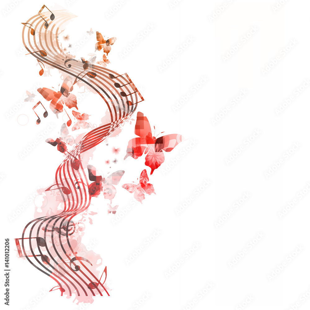 Colorful stave with music notes and butterflies isolated vector ...