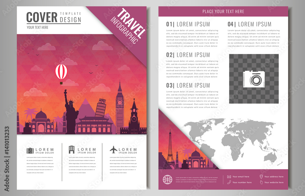 Travel brochure design with famous landmarks and world map. Template ...
