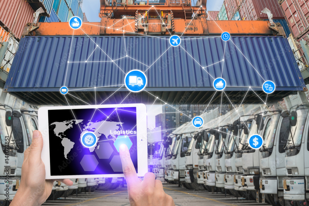 Hand holding tablet is pressing button Logistics connection technology ...