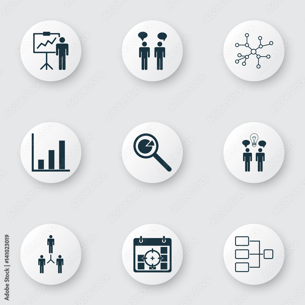 Set Of 9 Executive Icons. Includes Bar Chart, Co-Working, Conversation ...