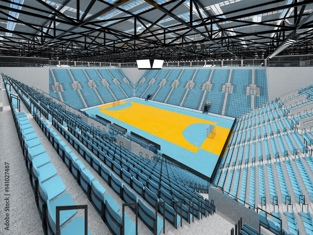 Beautiful sports arena for handball with sky blue seats and VIP boxes ...