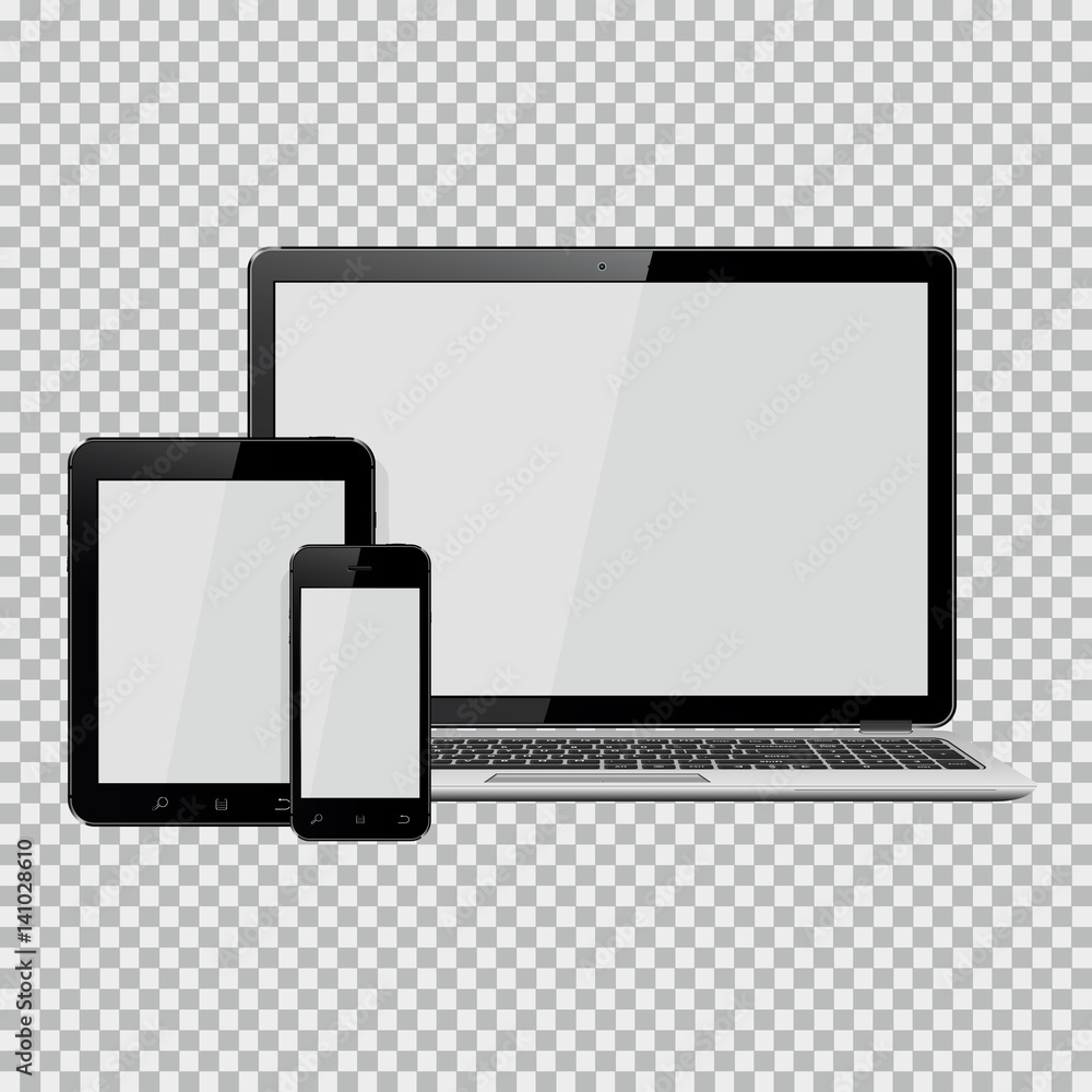 Set of realistic laptop, tablet and mobile phone with empty screen ...