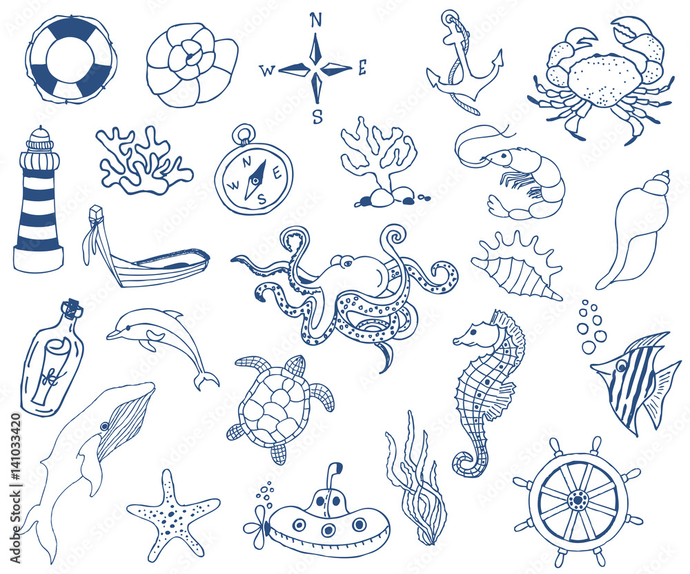 Hand drawn sea doodle Icons collection on white background. Vector ...
