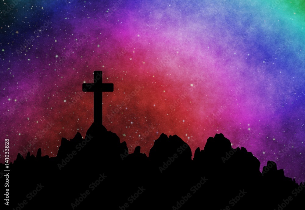 Beautiful starry night behind cross and rocks silhouette Stock ...