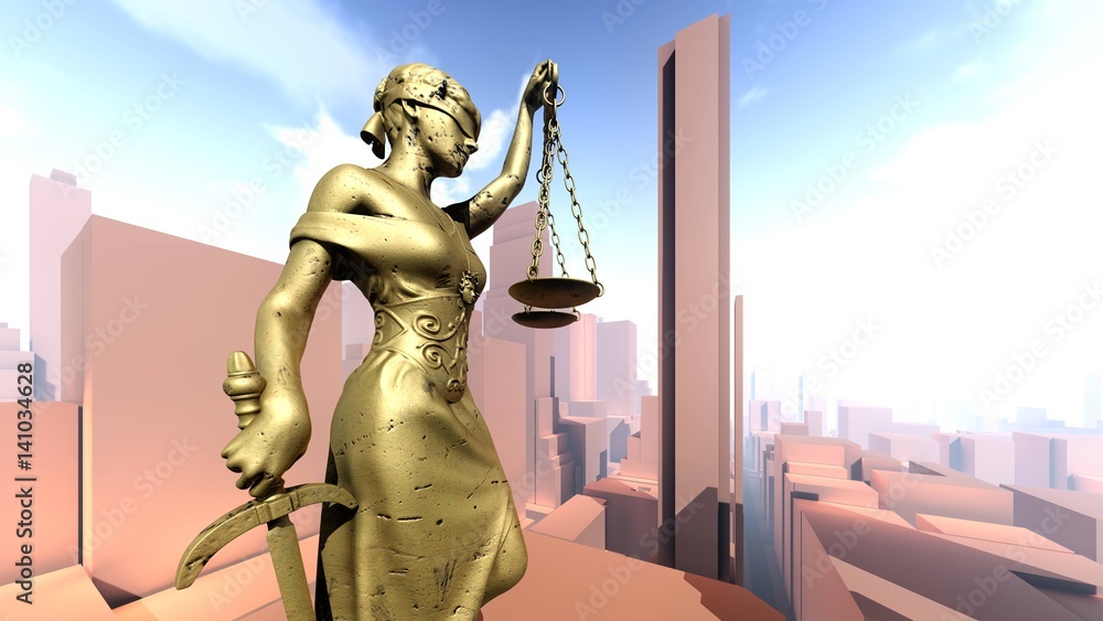 Statue of justice, Crime in city concept, Temida - Themis 3d rendering ...