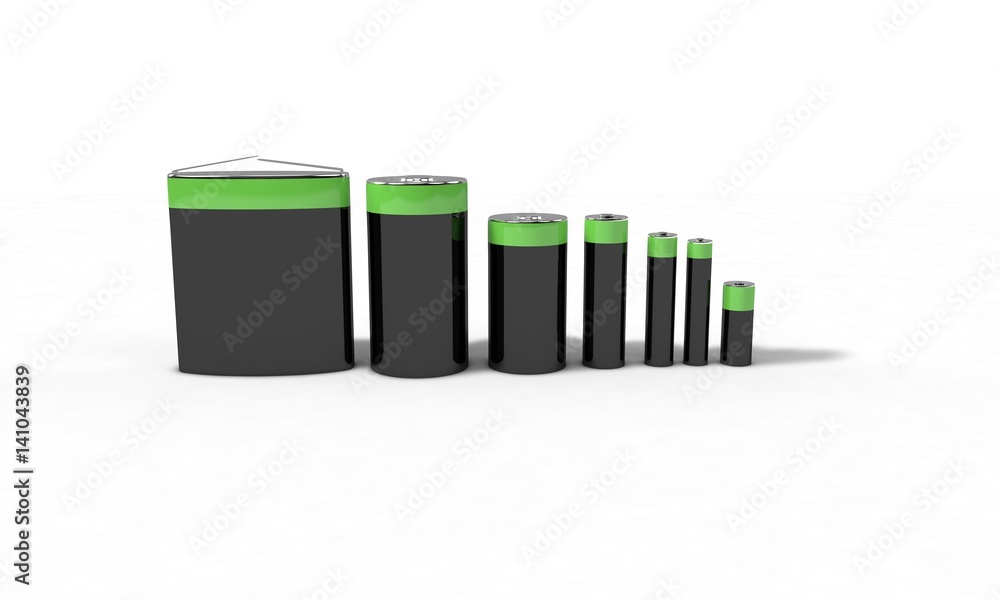 List of battery sizes, 3d render Stock Illustration | Adobe Stock