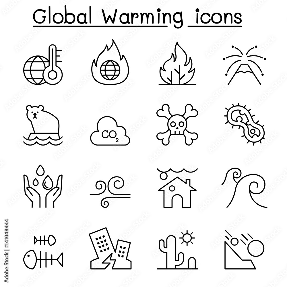 Global warming, Disaster, catastrophe icon set in thin line style Stock ...