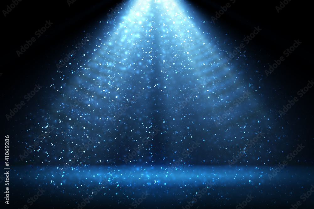 Stage light and blue glitter lights on floor. Abstract background for ...