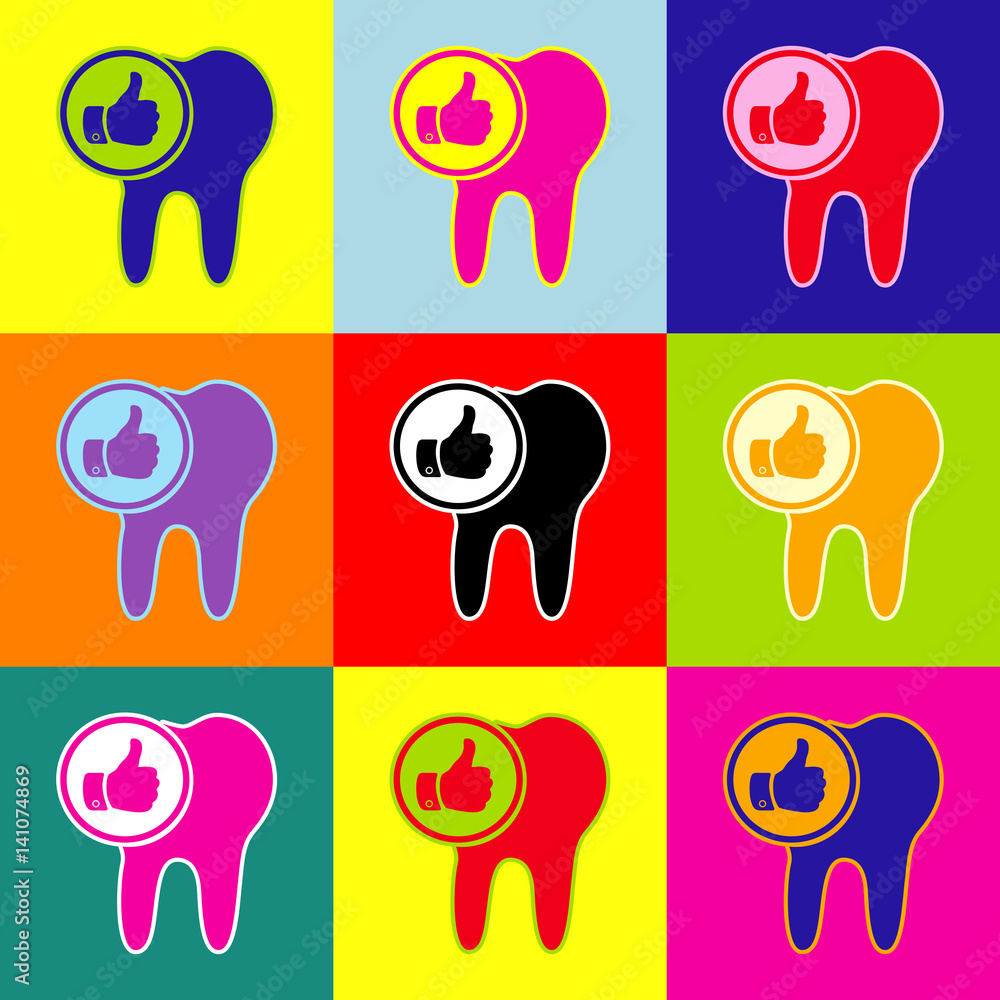 Tooth sign with thumbs up symbol. Vector. Pop-art style colorful icons ...