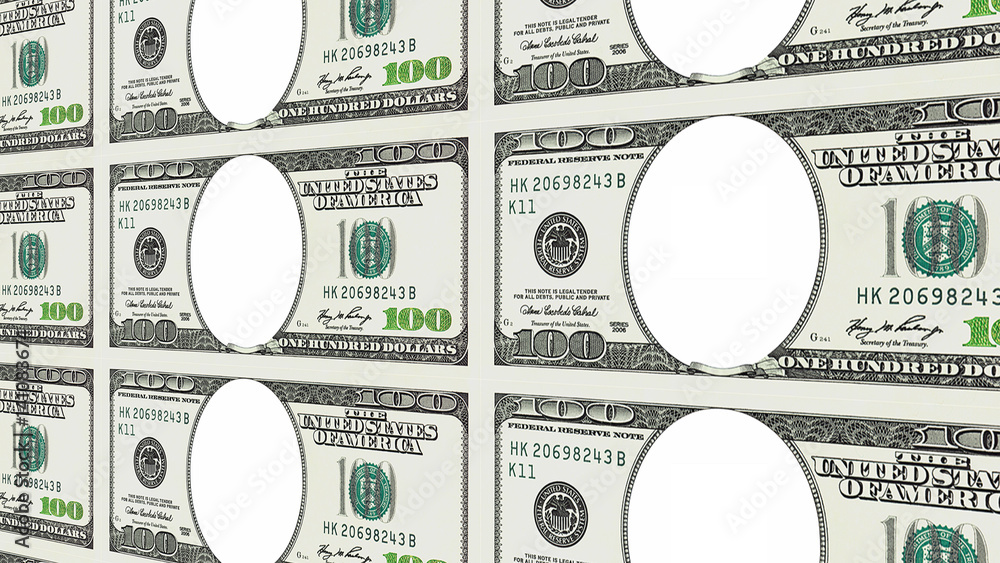 Sheet of one hundred 100 dollar bills with no face moving away to ...
