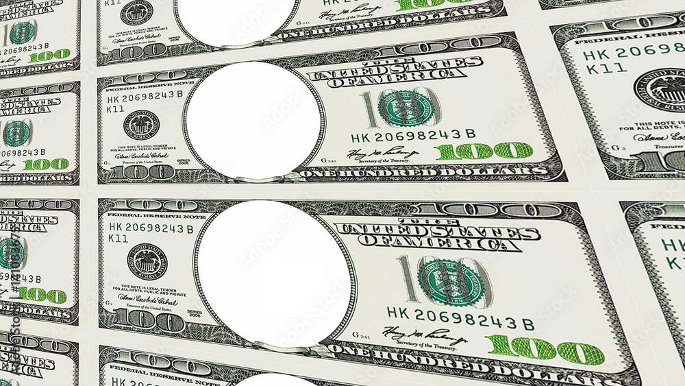 Sheet of one hundred 100 dollar bills with no face moving away to ...