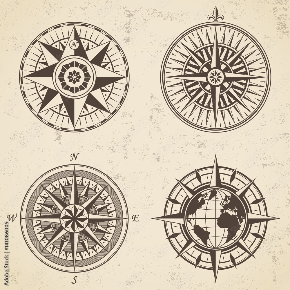 Set of vintage antique wind rose nautical compass signs labels emblems ...