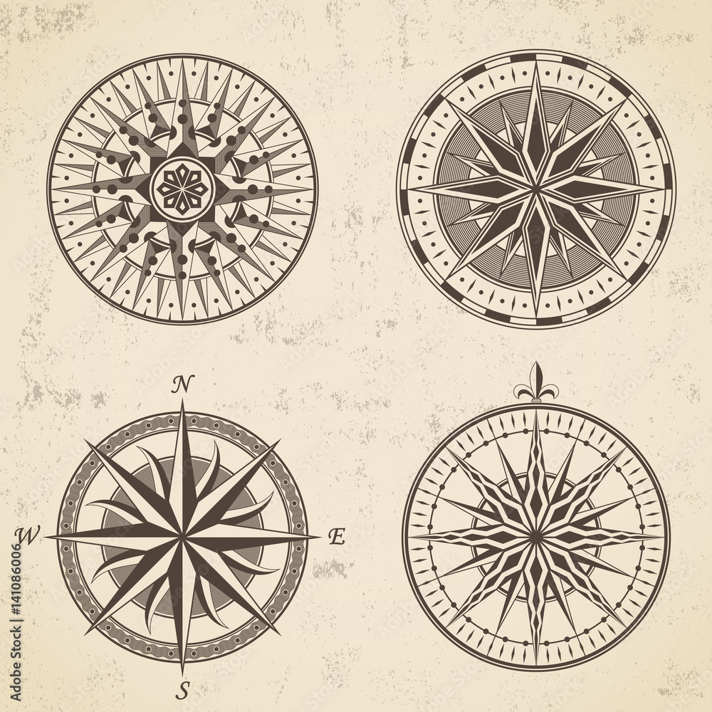 Set of vintage antique wind rose nautical compass signs labels emblems ...