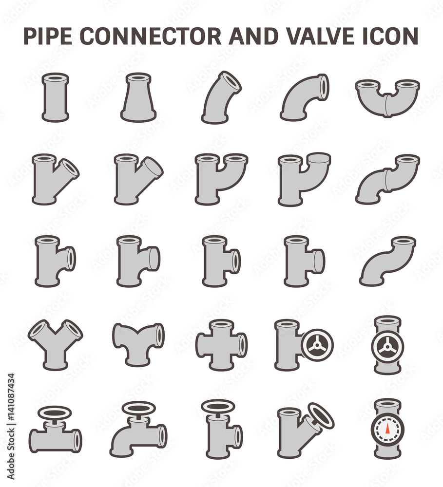 Pipe icon and flange fitting. Include control valve and pressure gauge ...