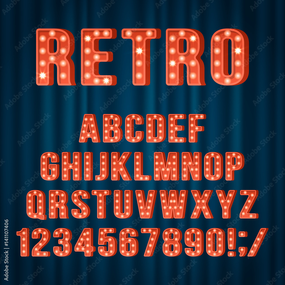 Retro light bulb alphabet letters and numbers for movie cinema or night ...
