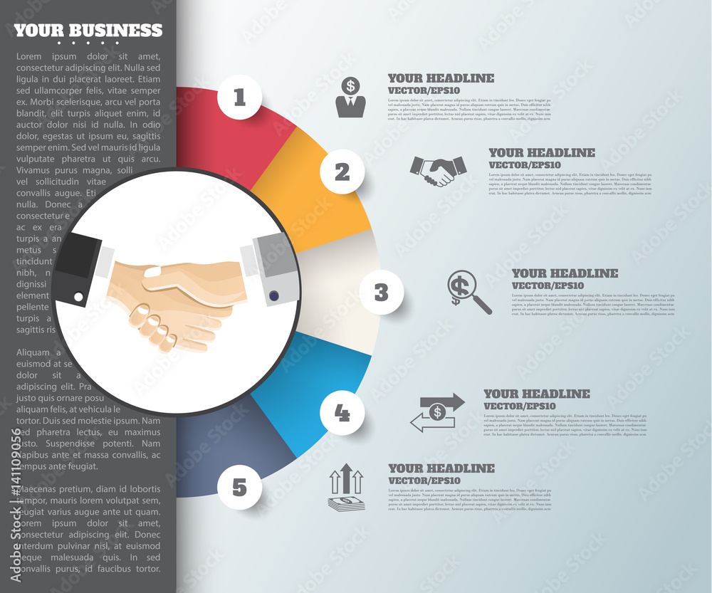 business concept timeline. Infograph template, realistic paper 5 steps ...