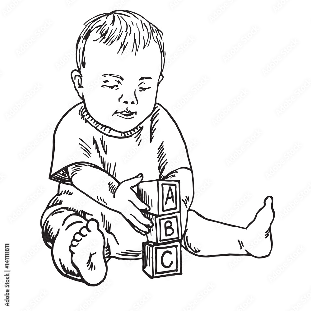 Baby Playing With Blocks Drawing