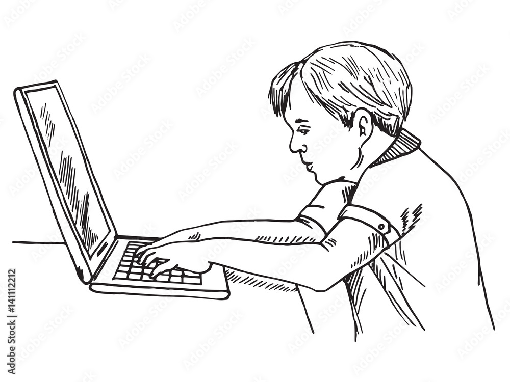 Boy working with laptop, hand drawn doodle, sketch in simple line pop ...