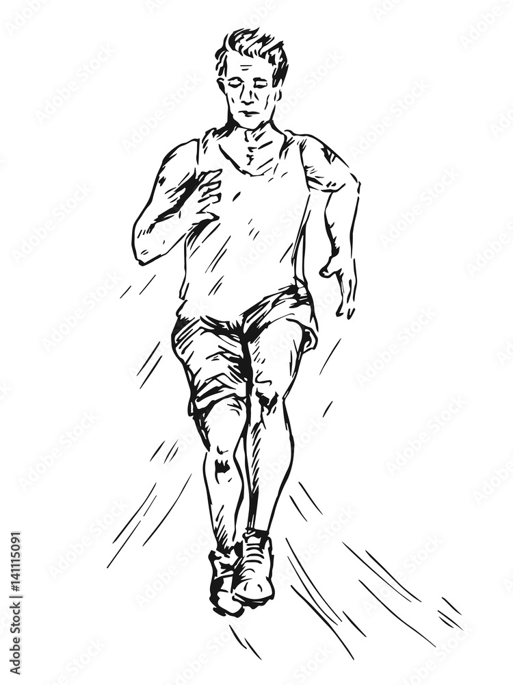 Young man running in sportswear, hand drawn doodle, sketch in pop art ...