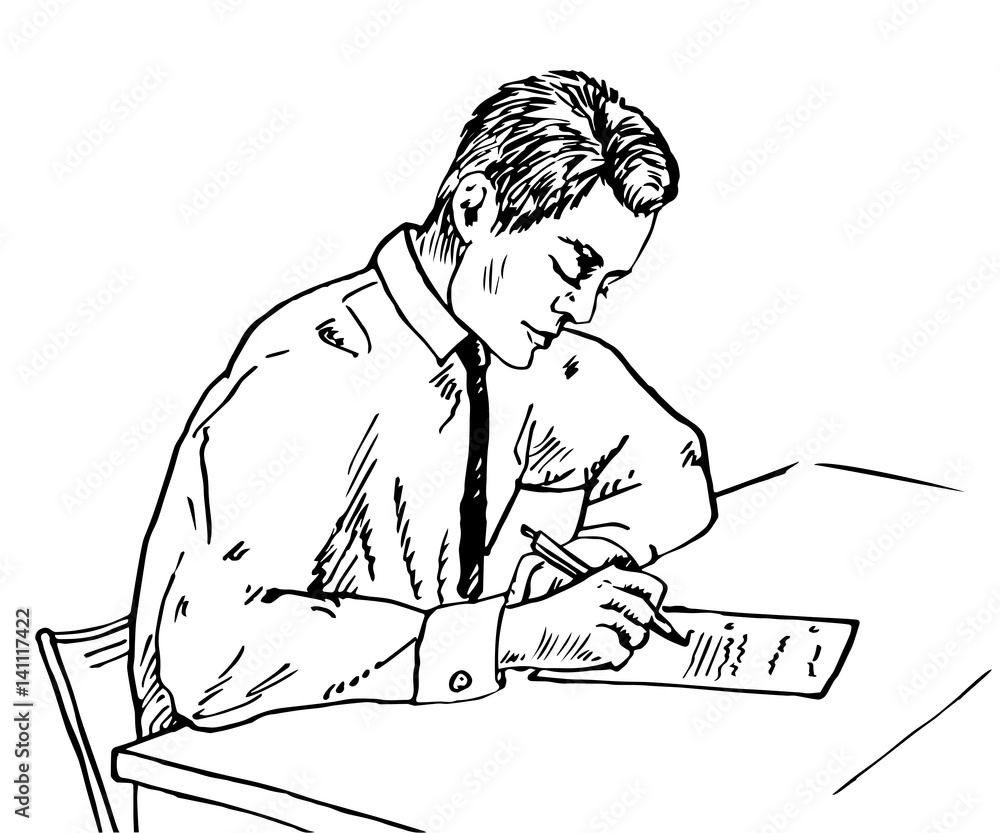 Man Writing At Desk Drawing