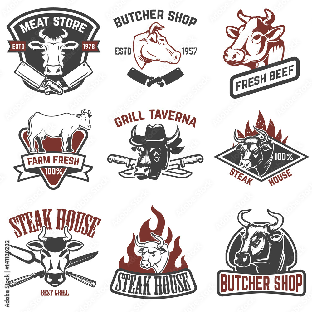 Set of fresh beef labels isolated on white background. Butcher shop ...