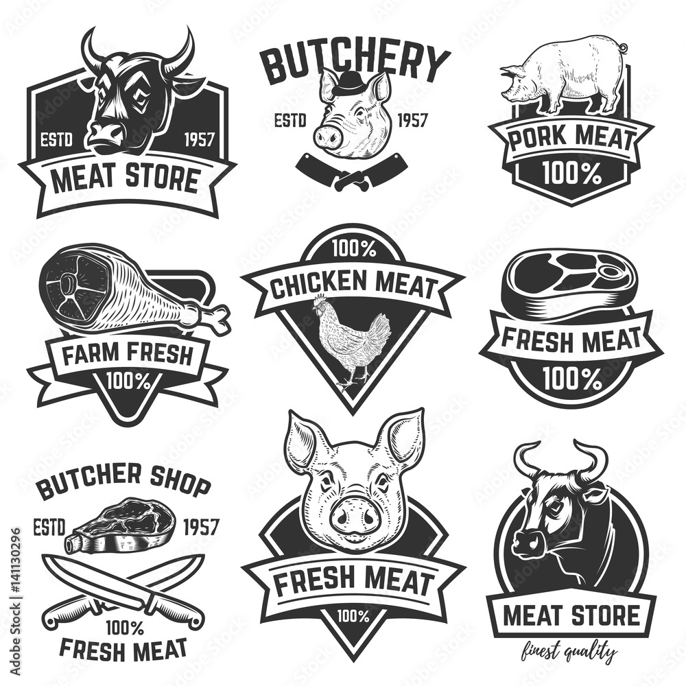 Set of fresh beef labels isolated on white background. Butcher shop ...