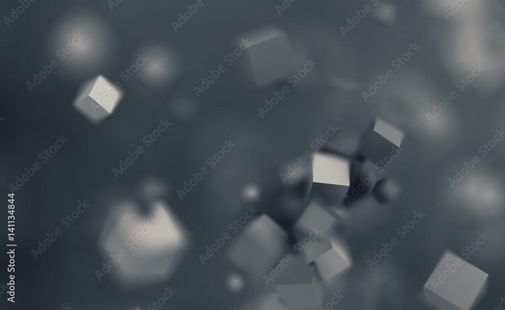 Abstract 3d rendering of chaotic cubes. Flying shapes in empty space. Dynamic background with ...