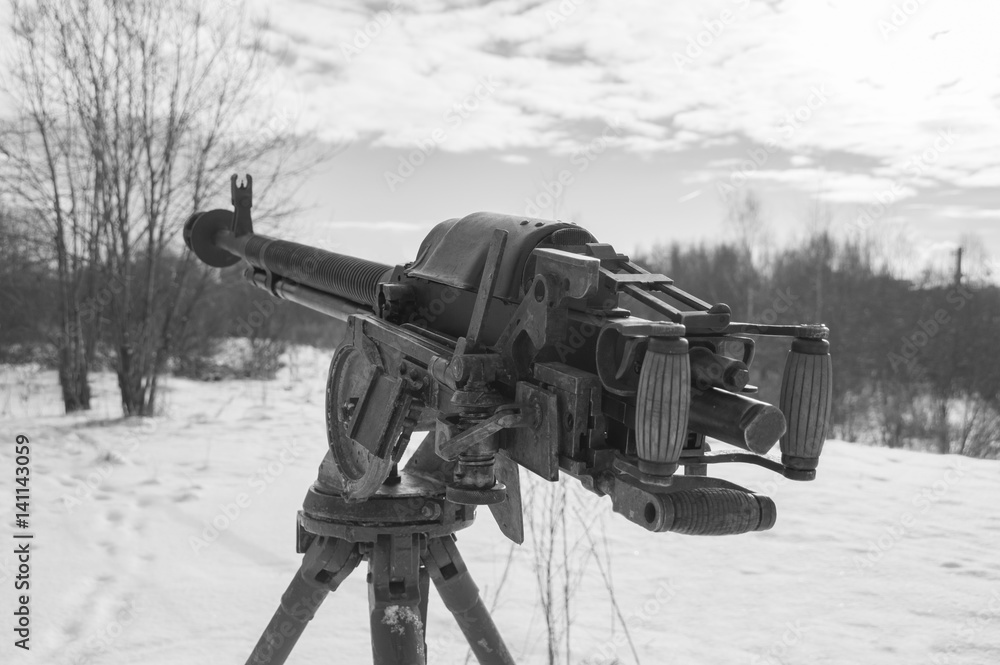 black and white, a heavy machine gun of world war II. Stock Photo ...