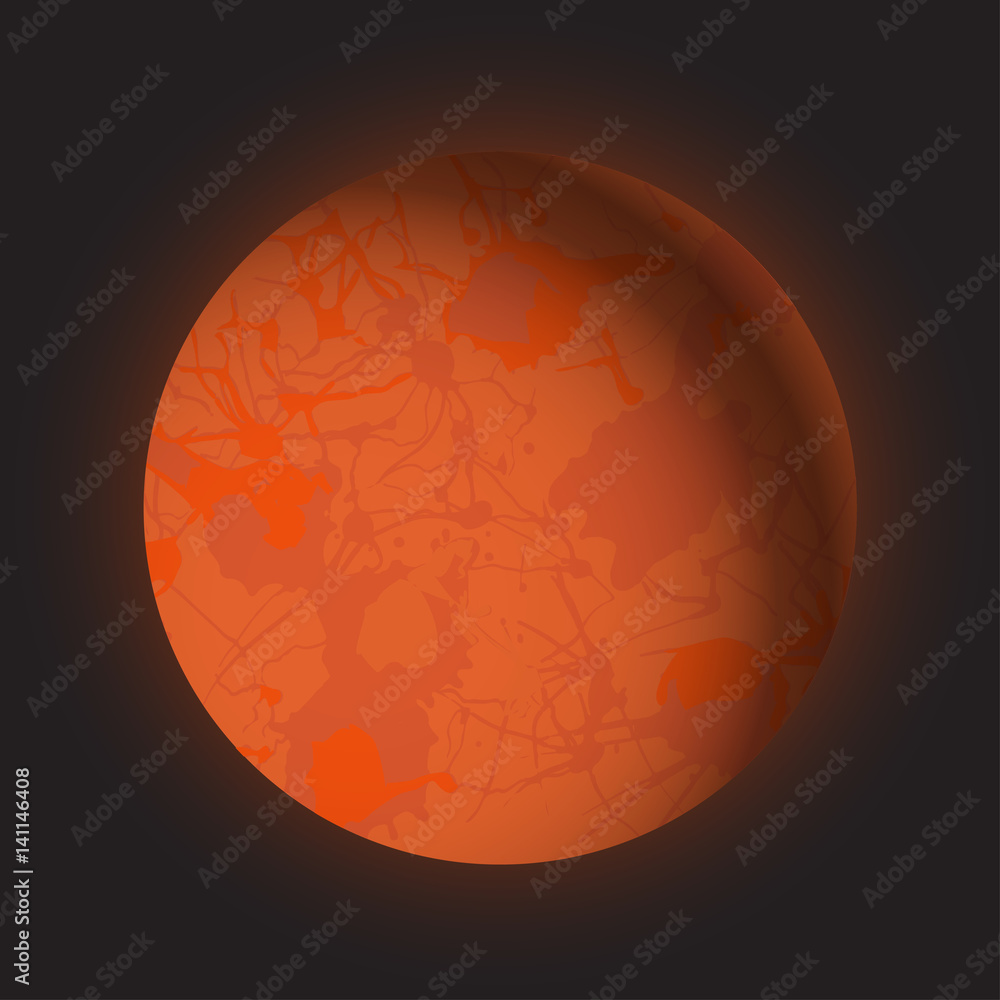 Glowing Mars planet Isolated on black background. Lighting effects ...